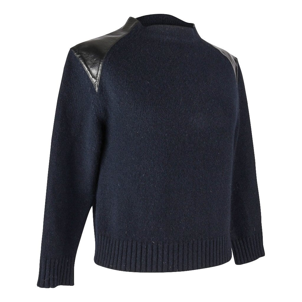Celine Sweater Navy Crew Neck with Black Leather Shoulders M | Mightychic