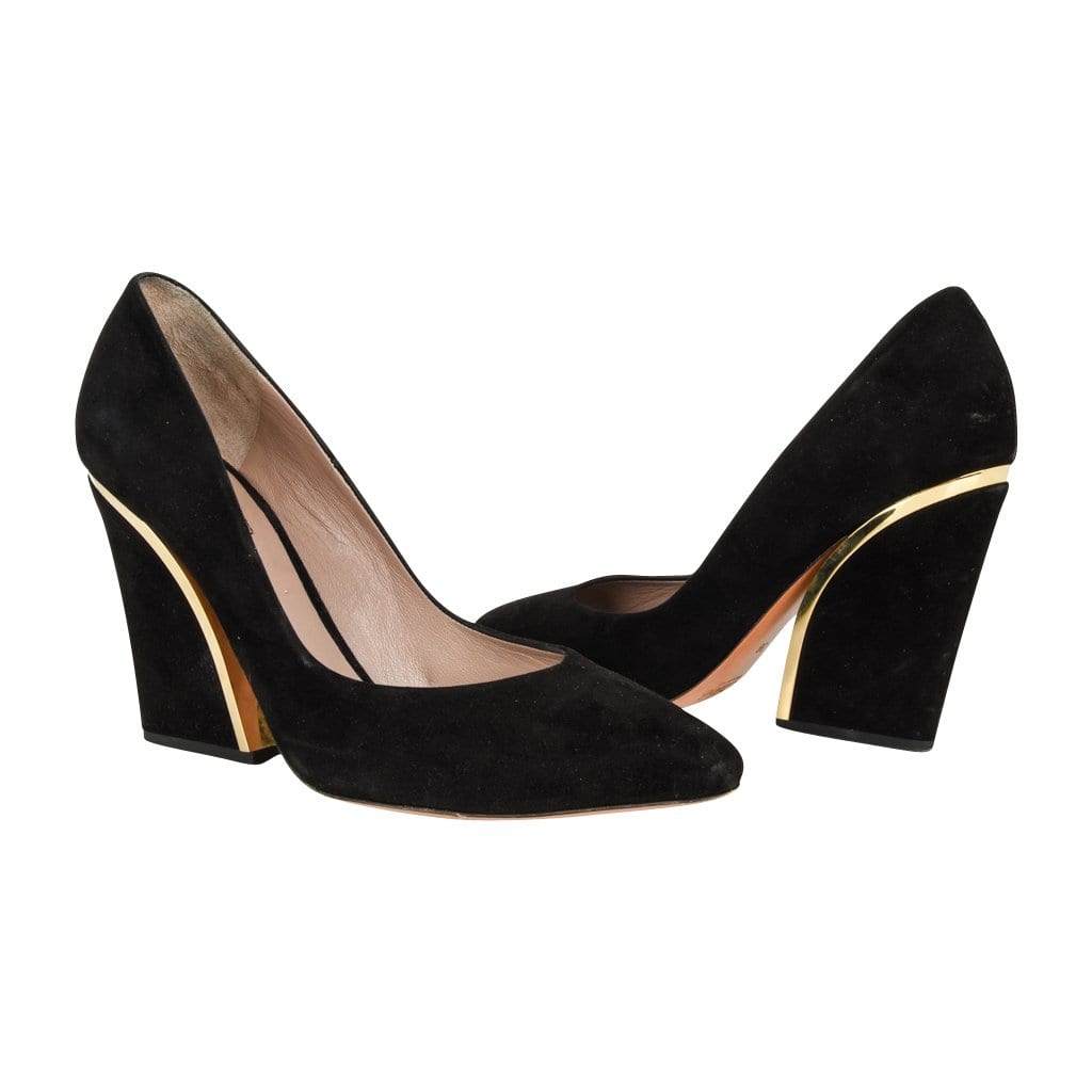 Chloe Shoe Block Heel Pump Jet Black Suede Gold Detail 39 / 9 | Mightychic