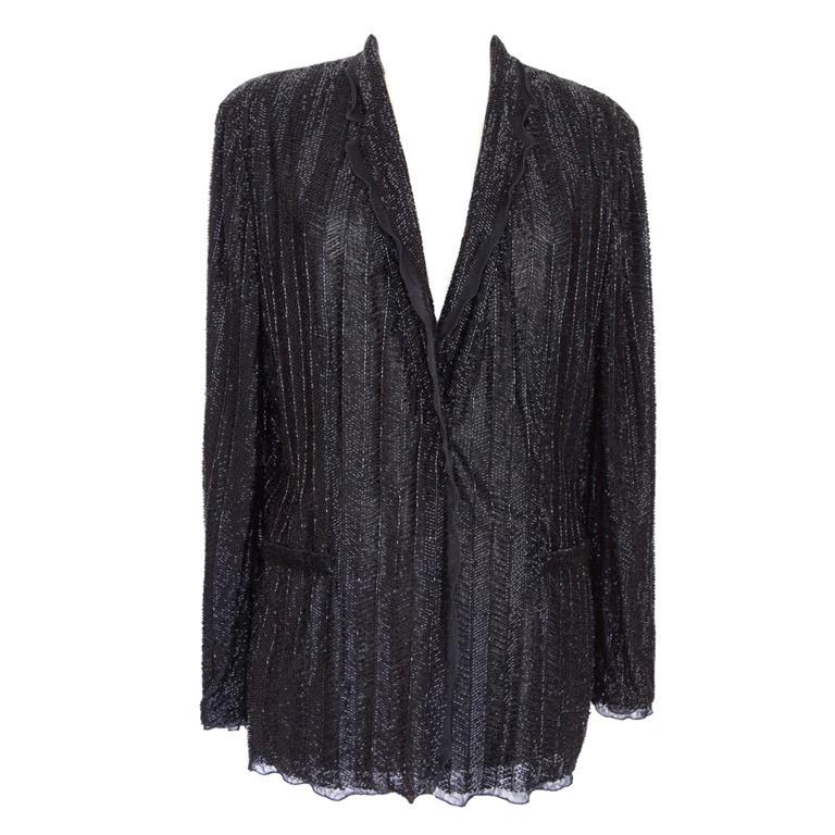 Giorgio Armani Jacket Jet Black Herringbone Bugle Beads Exquisite 2DIE4 ...