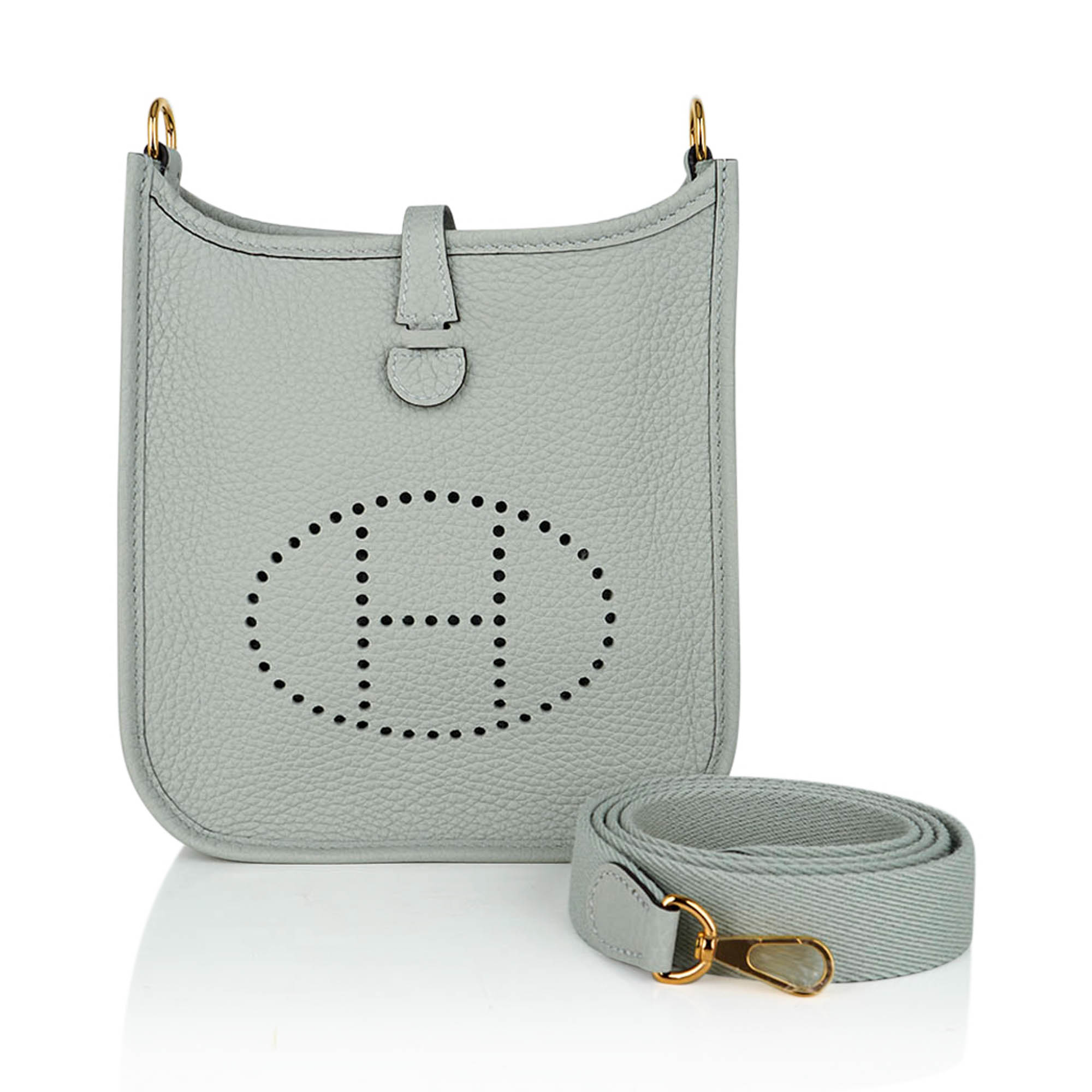 Hermes Mini Evelyne TPM Bag Gris Neve Clemence Leather with Gold Hardware | Mightychic